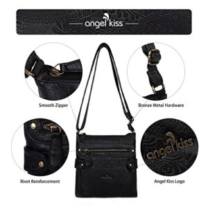 Angel Kiss Crossbody Purses for Women, Zipper Pocket and Adjustable Strap, Retro Vegan Leather Women's Shoulder Handbags Travel Bags (Black)