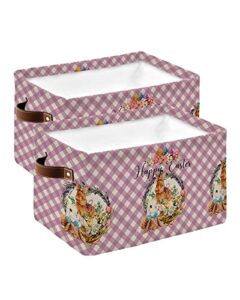 happy easter storage bins 2 pack, large waterproof storage baskets for shelves closet, purple plaid bunny spring floral wreath storage basket foldable storage box cube storage organizer with handles