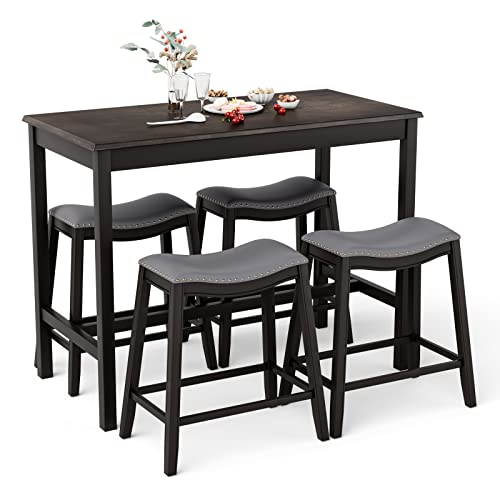 Giantex Dining Table Set for 4, Kitchen Counter Height Table w/ 4 Stools, 5 Piece Bistro Table Set, Rubber Wood Pub Dinette Set w/Upholstered Stools, Space-Saving Table Set for Small Spaces (Black)