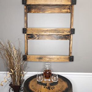 Wooden Bourbon Whiskey Barrel Stave Shelf, Large Torched Three-Tier Liquor Bottle Display Cabinet, Wall Mount, Easy Installation, Medium