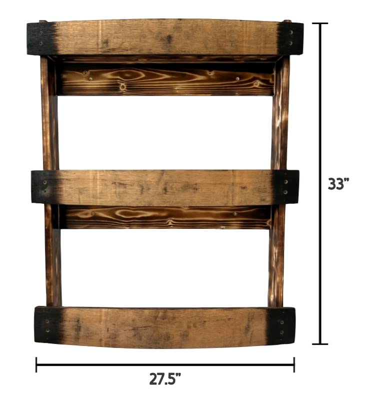 Wooden Bourbon Whiskey Barrel Stave Shelf, Large Torched Three-Tier Liquor Bottle Display Cabinet, Wall Mount, Easy Installation, Medium