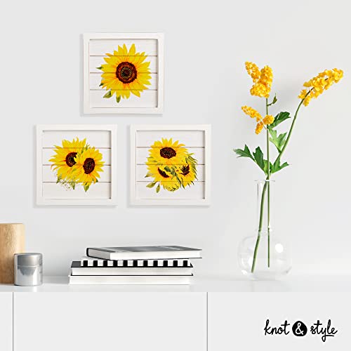 Sunflower Wall Decor Set of 3 - Rustic 8x8 Inch Printed Panels for Home, Bathroom, Kitchen, or Office - Sunflower Gifts for Women Wood Flower Pictures Design Theme Clearance Decorations Sun Flowers to Brighten Up Any Space