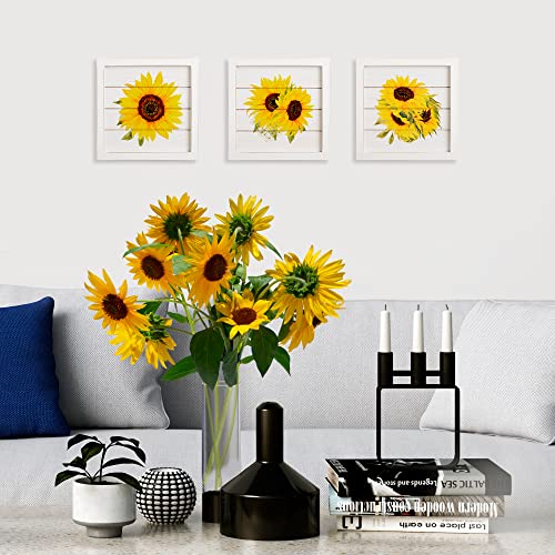 Sunflower Wall Decor Set of 3 - Rustic 8x8 Inch Printed Panels for Home, Bathroom, Kitchen, or Office - Sunflower Gifts for Women Wood Flower Pictures Design Theme Clearance Decorations Sun Flowers to Brighten Up Any Space