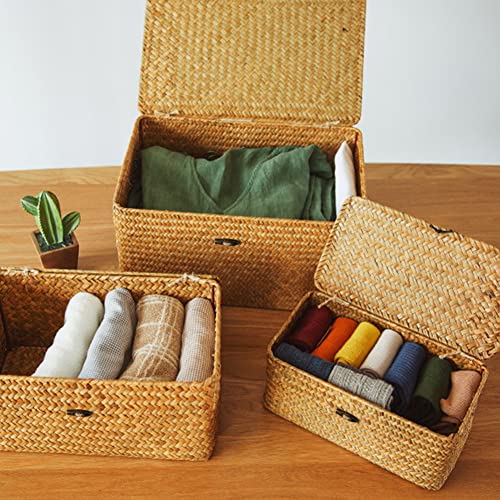 moluo Woven Baskets for Storage - Clothes Hampers for Laundry with Lid - Portable Sea Grass Woven Shelves Holders for Books, Cosmetics, Holiday Containers for Candies, Cookies