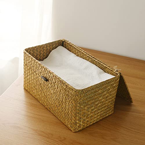 moluo Woven Baskets for Storage - Clothes Hampers for Laundry with Lid - Portable Sea Grass Woven Shelves Holders for Books, Cosmetics, Holiday Containers for Candies, Cookies