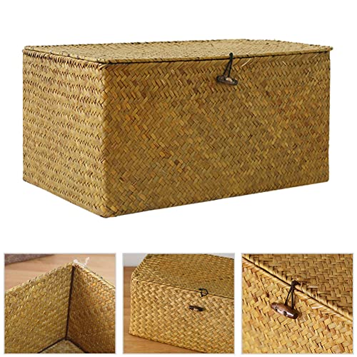 moluo Woven Baskets for Storage - Clothes Hampers for Laundry with Lid - Portable Sea Grass Woven Shelves Holders for Books, Cosmetics, Holiday Containers for Candies, Cookies