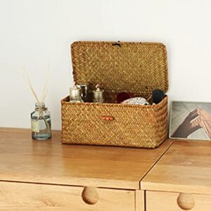 moluo Woven Baskets for Storage - Clothes Hampers for Laundry with Lid - Portable Sea Grass Woven Shelves Holders for Books, Cosmetics, Holiday Containers for Candies, Cookies