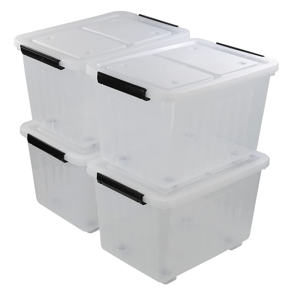 Qqbine 30 Quart Large Clear Storage Boxes with Wheels, Plastic Large Latching Bins with Lids, 4-Pack