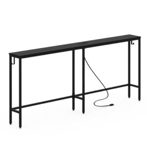 leomonio 7.9″ narrow sofa table with outlet, 70.9″ long console table behind couch, skinny table with detachable hooks and charging station for entryway, hallway, living room, metal frame & black wood