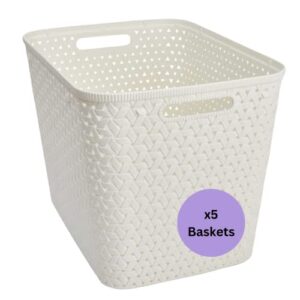 store & order stackable extra large storage basket x5, decorative plastic box, multi-functional boxes for around the home, organiser baskets for toy storage, bedroom or living room, white rattan 28l