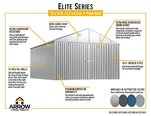 Arrow Shed Elite 12' x 14' Outdoor Lockable Gable Roof Steel Storage Shed Building, Cool Grey