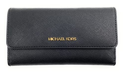 Michael Kors Women's Jet Set Travel Large Trifold Wallet (Black/Gold)