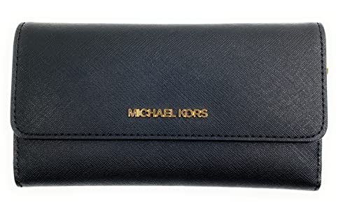 Michael Kors Women's Jet Set Travel Large Trifold Wallet (Black/Gold)