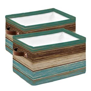 Storage Bins Retro Rustic Barn Wood Teal Green Brown Storage Box Foldable Storage Basket for Shelves Storage Cubes Bin for Organizing Closet Nursery Toy Organizers with Handles