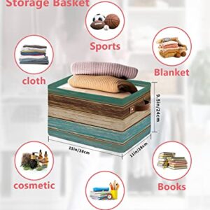 Storage Bins Retro Rustic Barn Wood Teal Green Brown Storage Box Foldable Storage Basket for Shelves Storage Cubes Bin for Organizing Closet Nursery Toy Organizers with Handles