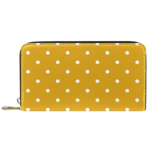 Wallet Leather Mustard Yellow White Polka Dot Leather Zip Long Purse