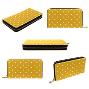 Wallet Leather Mustard Yellow White Polka Dot Leather Zip Long Purse