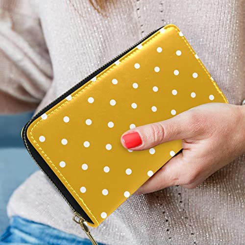 Wallet Leather Mustard Yellow White Polka Dot Leather Zip Long Purse