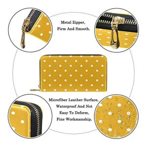 Wallet Leather Mustard Yellow White Polka Dot Leather Zip Long Purse