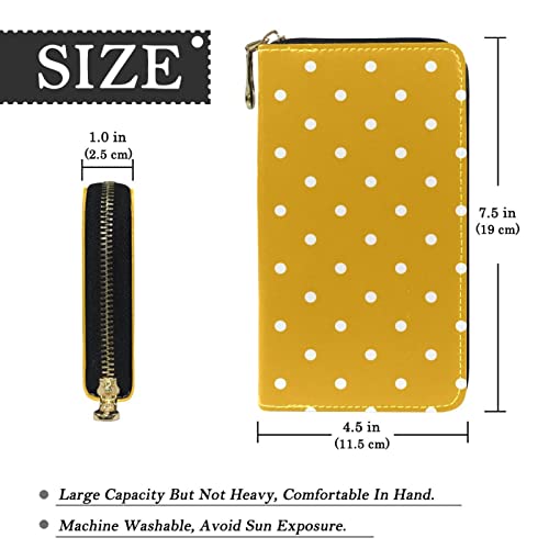 Wallet Leather Mustard Yellow White Polka Dot Leather Zip Long Purse