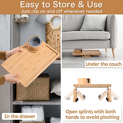 BS-VOG Couch Arm Table Tray, Bamboo Sofa Armrest Clip on Tray with Removable Couch Cup Holder, Portable Recliner Arm Rest Organizer for Eating, Drinks, Snacks, Remote, Phone, No Installation