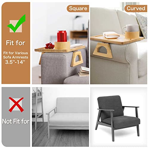 BS-VOG Couch Arm Table Tray, Bamboo Sofa Armrest Clip on Tray with Removable Couch Cup Holder, Portable Recliner Arm Rest Organizer for Eating, Drinks, Snacks, Remote, Phone, No Installation