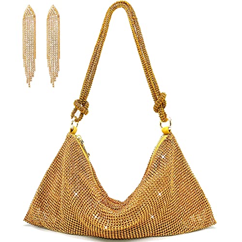 Rumdin Sparkly Purse Rhinestone Handbag Hobo Bags for Women Chic Evening Bag Gold Clutch Purses for Women Evening