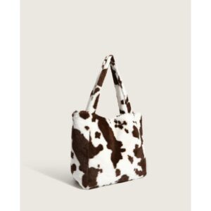 Fluffy Cow Printed Tote Bag Y2K Fuzzy Shoulder Bag Plush Aesthetic Purse Underarm Bag for Autumn Winter (Brown)