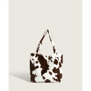 Fluffy Cow Printed Tote Bag Y2K Fuzzy Shoulder Bag Plush Aesthetic Purse Underarm Bag for Autumn Winter (Brown)