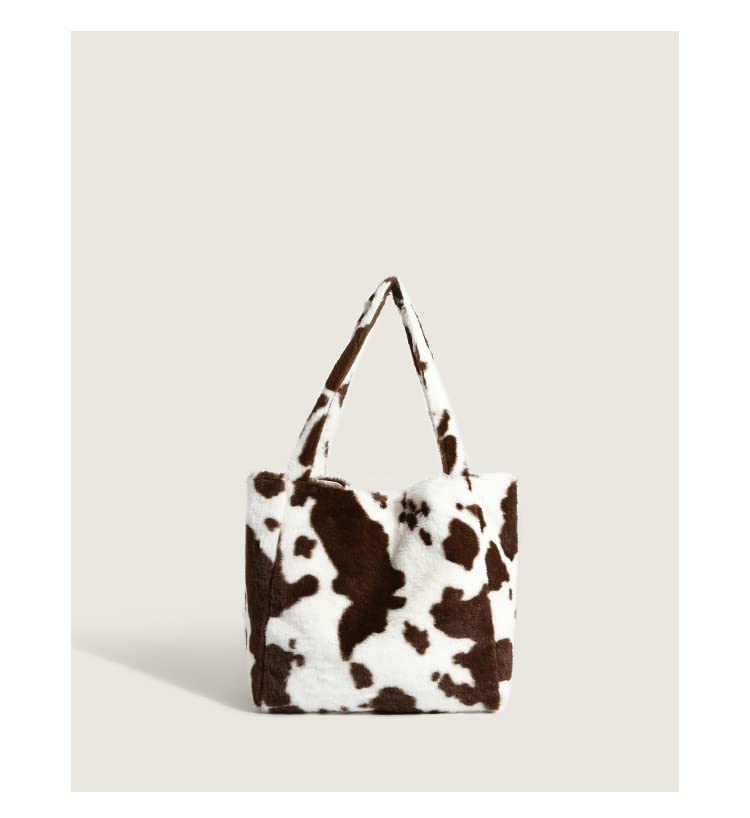 Fluffy Cow Printed Tote Bag Y2K Fuzzy Shoulder Bag Plush Aesthetic Purse Underarm Bag for Autumn Winter (Brown)