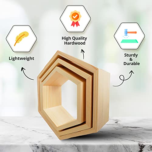 MRONextDay.com Set of 3 Wooden Wall Mounted Hexagon Floating Shelves, Hexagon Shelves Set for Kitchen, Living Room, Bedroom, Hexagon Shelves for Decorations (Honey Oak)