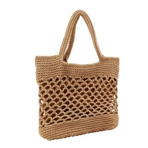 Eaarliyam Cotton Woven Beach Bag Crochet Travel Tote Handbag Casual Summer Shoulder Bag for Women Beige Tote-Handbags