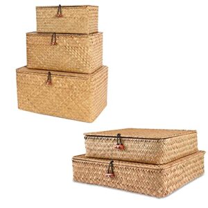 feilanduo 5pcs wicker baskets with lids seagrass woven storage baskets boxes for shelves organizer boho home decor