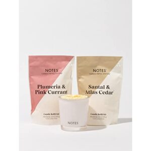 notes sustainable candle refill kit | non-toxic fragrance, natural wax, wick, reusable centering and clean out disk, and a refillable vessel-eco-friendly-plumeria & pink currant + santal & atlas cedar