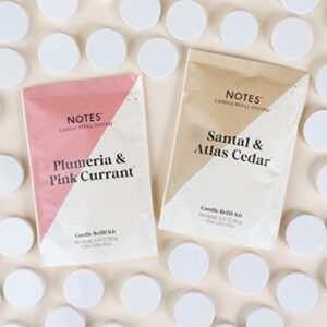 NOTES Sustainable Candle Refill Kit | Non-toxic fragrance, natural wax, wick, reusable centering and clean out disk, and a refillable vessel-eco-friendly-Plumeria & Pink Currant + Santal & Atlas Cedar