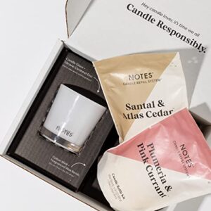 NOTES Sustainable Candle Refill Kit | Non-toxic fragrance, natural wax, wick, reusable centering and clean out disk, and a refillable vessel-eco-friendly-Plumeria & Pink Currant + Santal & Atlas Cedar