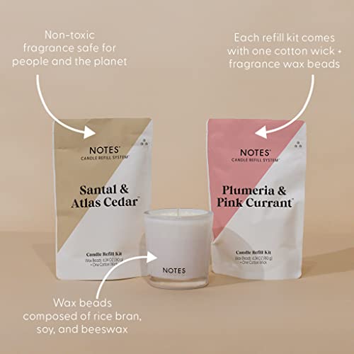 NOTES Sustainable Candle Refill Kit | Non-toxic fragrance, natural wax, wick, reusable centering and clean out disk, and a refillable vessel-eco-friendly-Plumeria & Pink Currant + Santal & Atlas Cedar