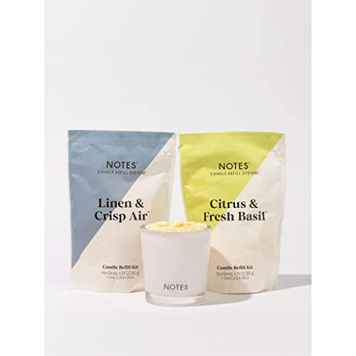 NOTES Sustainable Candle Kit | Non-Toxic Fragrance, Natural Wax Beads, Wick, Reusable Centering and Clean Out Disk, and a refillable Vessel-eco-Friendly-Linen & Crisp Air + Citrus & Fresh Basil