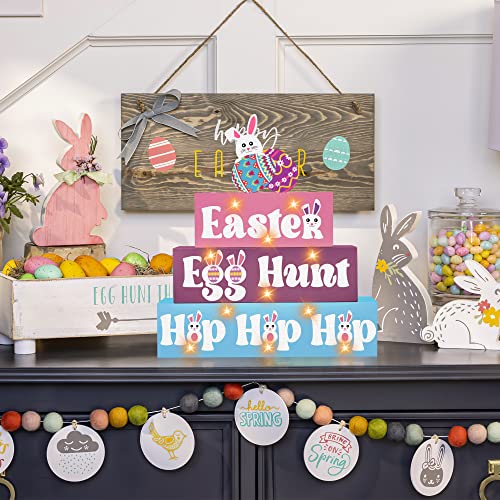 Easter Wooden Block Sign with Led Lights- Easter Egg Hunt Hop Hop Hop Light up Wood Sign for Table Mantle - Spring Easter Farmhouse Home Kitchen Battery Operated Wooden Sign Tabletop Tiered Tray Decor