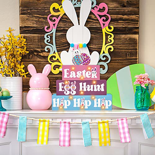 Easter Wooden Block Sign with Led Lights- Easter Egg Hunt Hop Hop Hop Light up Wood Sign for Table Mantle - Spring Easter Farmhouse Home Kitchen Battery Operated Wooden Sign Tabletop Tiered Tray Decor