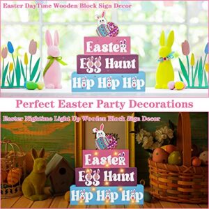 Easter Wooden Block Sign with Led Lights- Easter Egg Hunt Hop Hop Hop Light up Wood Sign for Table Mantle - Spring Easter Farmhouse Home Kitchen Battery Operated Wooden Sign Tabletop Tiered Tray Decor