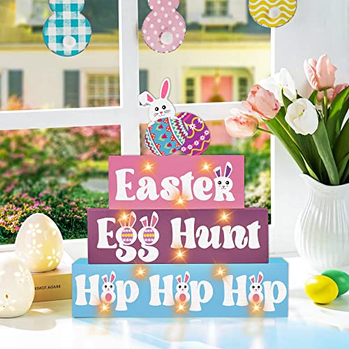 Easter Wooden Block Sign with Led Lights- Easter Egg Hunt Hop Hop Hop Light up Wood Sign for Table Mantle - Spring Easter Farmhouse Home Kitchen Battery Operated Wooden Sign Tabletop Tiered Tray Decor