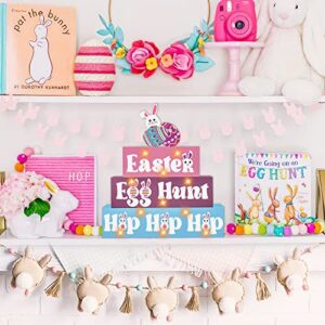 Easter Wooden Block Sign with Led Lights- Easter Egg Hunt Hop Hop Hop Light up Wood Sign for Table Mantle - Spring Easter Farmhouse Home Kitchen Battery Operated Wooden Sign Tabletop Tiered Tray Decor