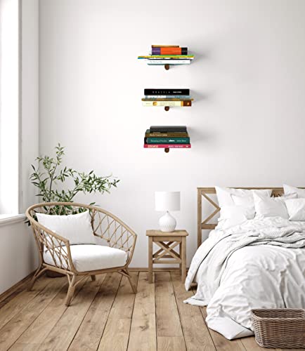 Decorative Invisible Floating Bookshelf with Wooden Rod, Wall Mounted Metal Book Organizer Shelf, for Home, Office, Library, Study, Livingroom, Bedroom, Set of 3 Walnut.