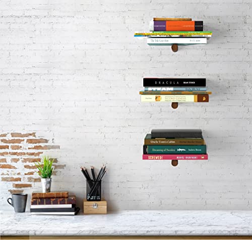 Decorative Invisible Floating Bookshelf with Wooden Rod, Wall Mounted Metal Book Organizer Shelf, for Home, Office, Library, Study, Livingroom, Bedroom, Set of 3 Walnut.