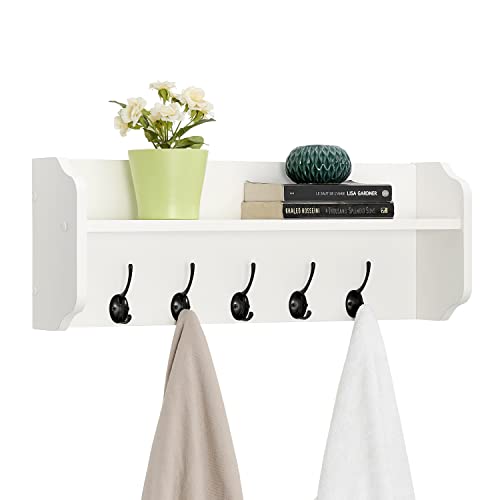 Danya B. Entryway Floating Utility Wall Shelf with Hooks – Wall Mounted (White)