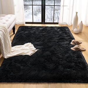 fosirug rugs for bedroom long plush 4×6 feet area rug for living room ultra soft shaggy carpet for home decor fluffy mat faux fur rug for bedside nursery kids room college drom, black