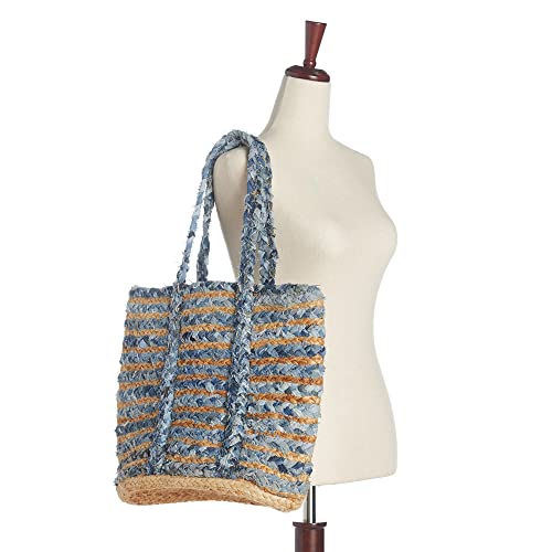 Olivia Miller Women's Fashion Ally Natural Beige w Blue Denim Straw Jute Tote Bag w Top Handles, Medium Boho Casual Purse Handbag