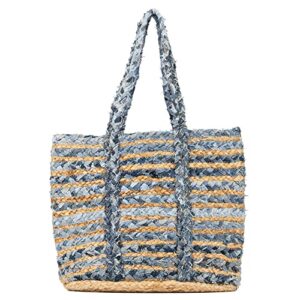 Olivia Miller Women's Fashion Ally Natural Beige w Blue Denim Straw Jute Tote Bag w Top Handles, Medium Boho Casual Purse Handbag