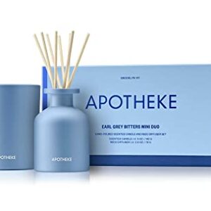 Apotheke Luxury Scented Mini Candle and Diffuser Set, Earl Grey Bitters - 5 oz 2.5 Diffuser, Lemon Zest, Bergamot, Alcohol Free, Fragrance Oil, Aromatherapy, Made in USA, (AP08-CD22-EG)